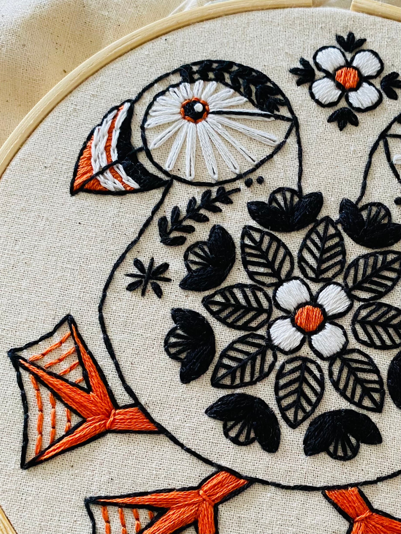 Pre-Printed Fabric: Puffin – Hook, Line & Tinker - modern embroidery kits